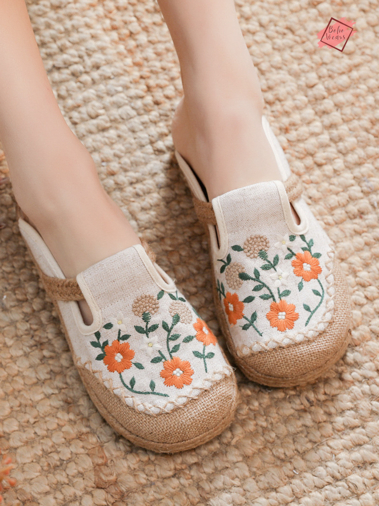 Boho Chic Canvas Slip-On Sneakers - Floral Embroidered Flats | BohoWears